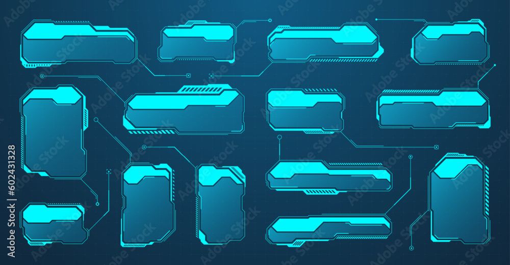 Blue futuristic HUD or UI elements. Sci-fi user interface text boxes ...
