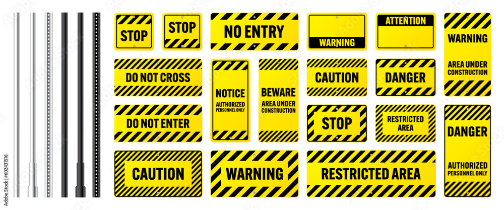 Vetor de Warning, danger signs, attention banners with metal poles ...