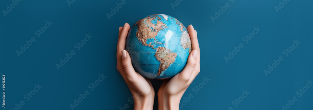 World Environment Day. Earth globe in woman's hands on a blue ...