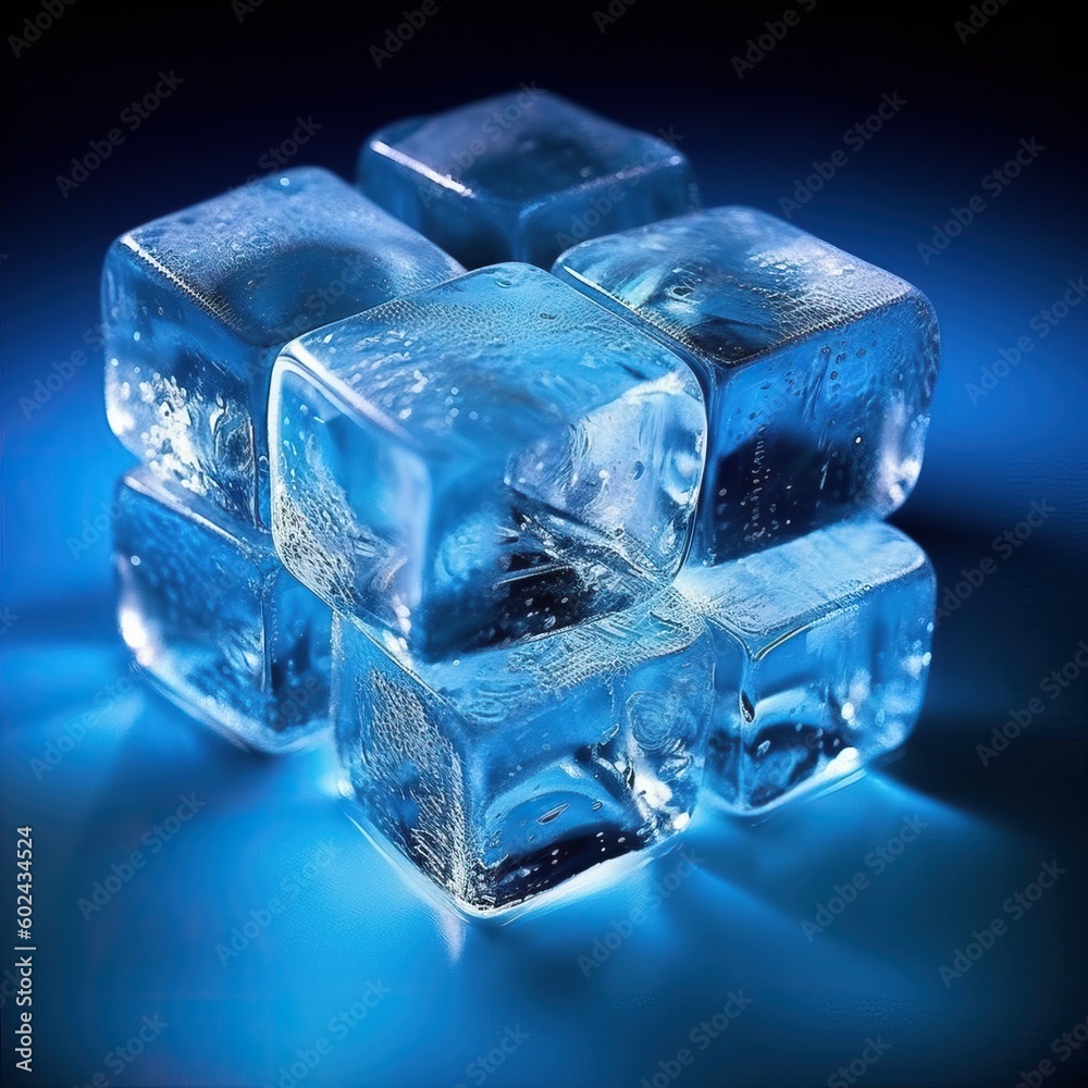 Ice cubes stacked on top of each other isolated on blue background. Air ...
