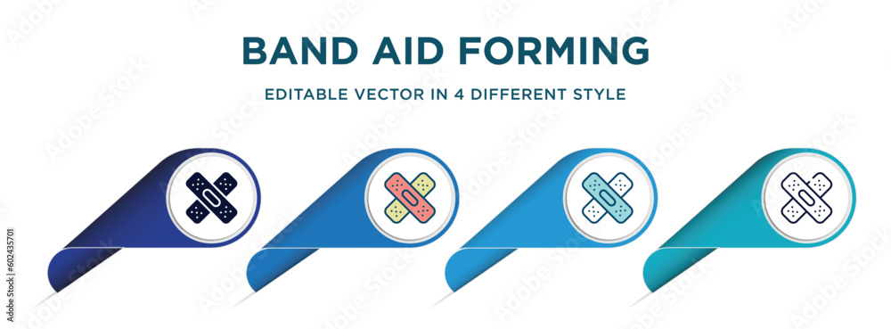 band aid forming a cross mark icon in 4 different styles such as filled ...