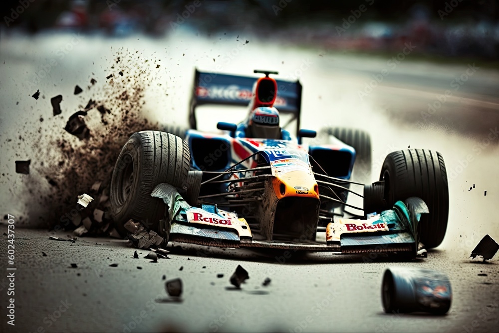 high speed f1 racecar major wreck capture by tilt-shift camera angle ...