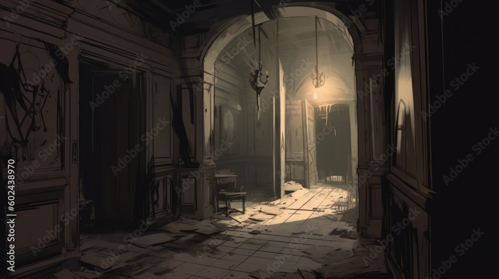 creepy interior of an abandoned building background, concept art ...