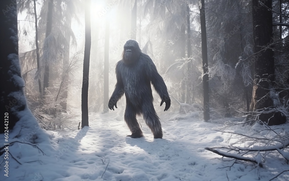 Bigfoot is walking on a snowy forest landscape created with Generative AI technology Stock ...