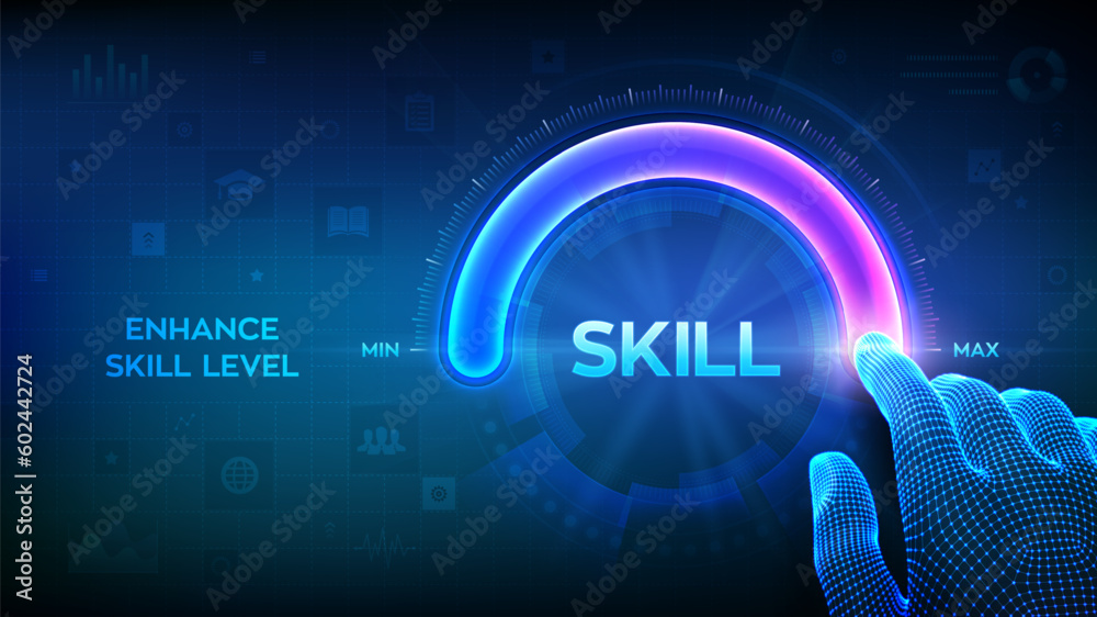 Skill levels growth. Increasing Skills Level. Wireframe hand is pulling ...