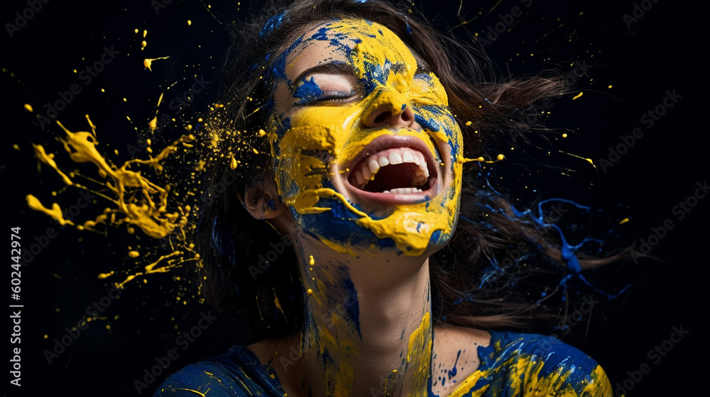 young adult woman with the colors of the ukrainian flag flag as colors ...