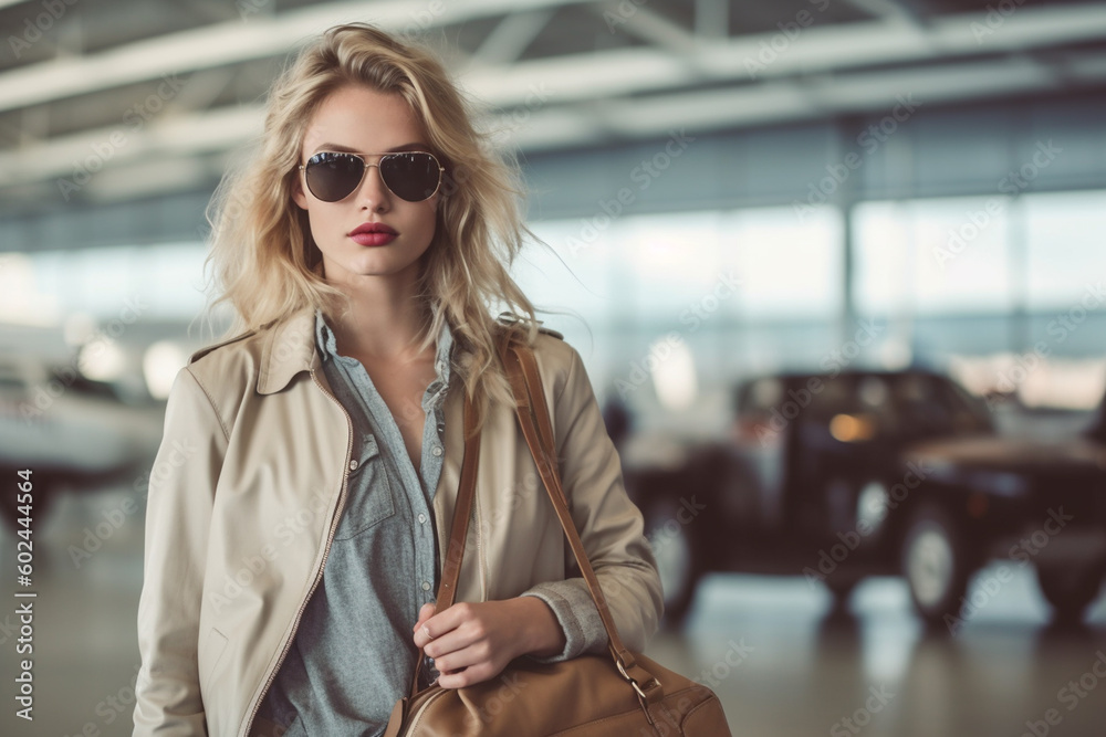 young adult woman alone at private airport on way to check-in or ...