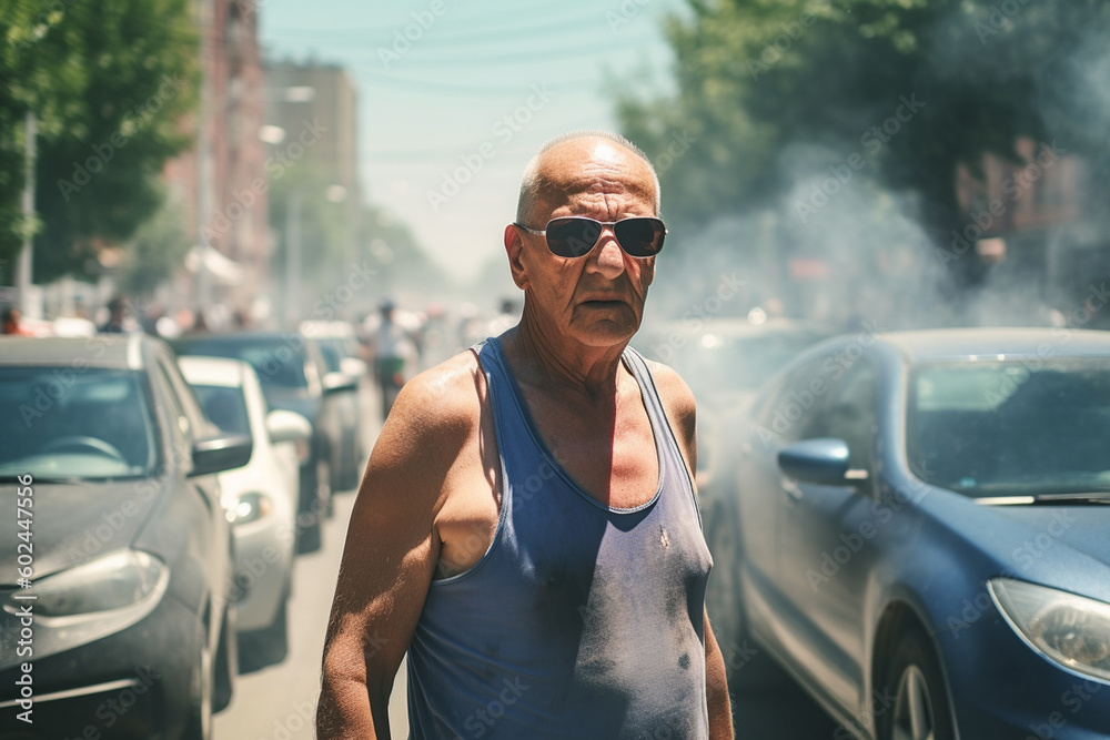 extreme heat in a street in a big city, summer heat summer with high ...