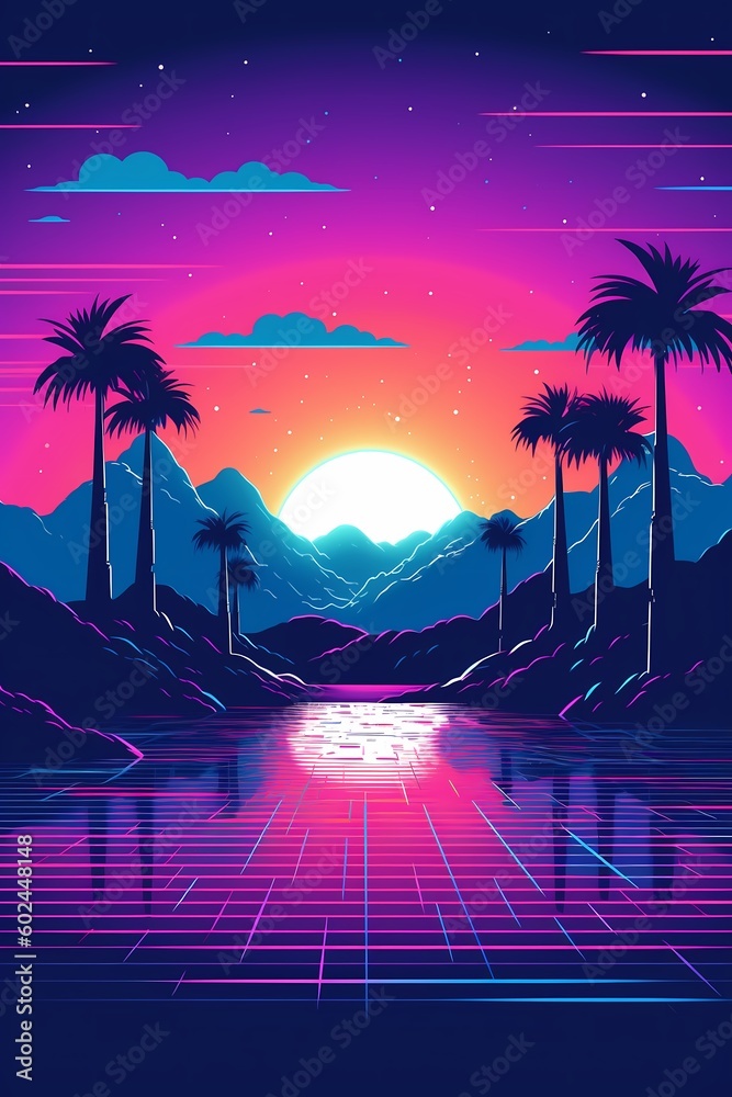Tropical Retro Resonance: Synthwave Sunsets and Nostalgic Vibes Created ...