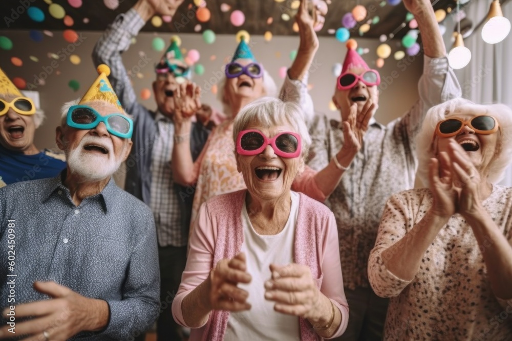 Party of pensioners on a birthday celebration. Background with ...