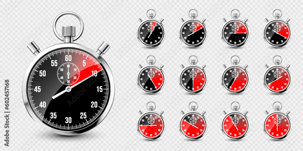 Realistic classic stopwatch. Shiny metal chronometer, time counter with ...