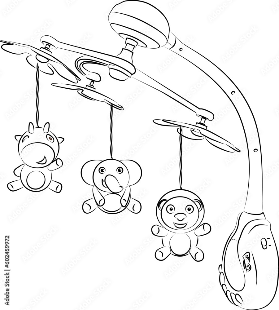 Line art illustration of crib mobile. Carousel with toys on the crib ...