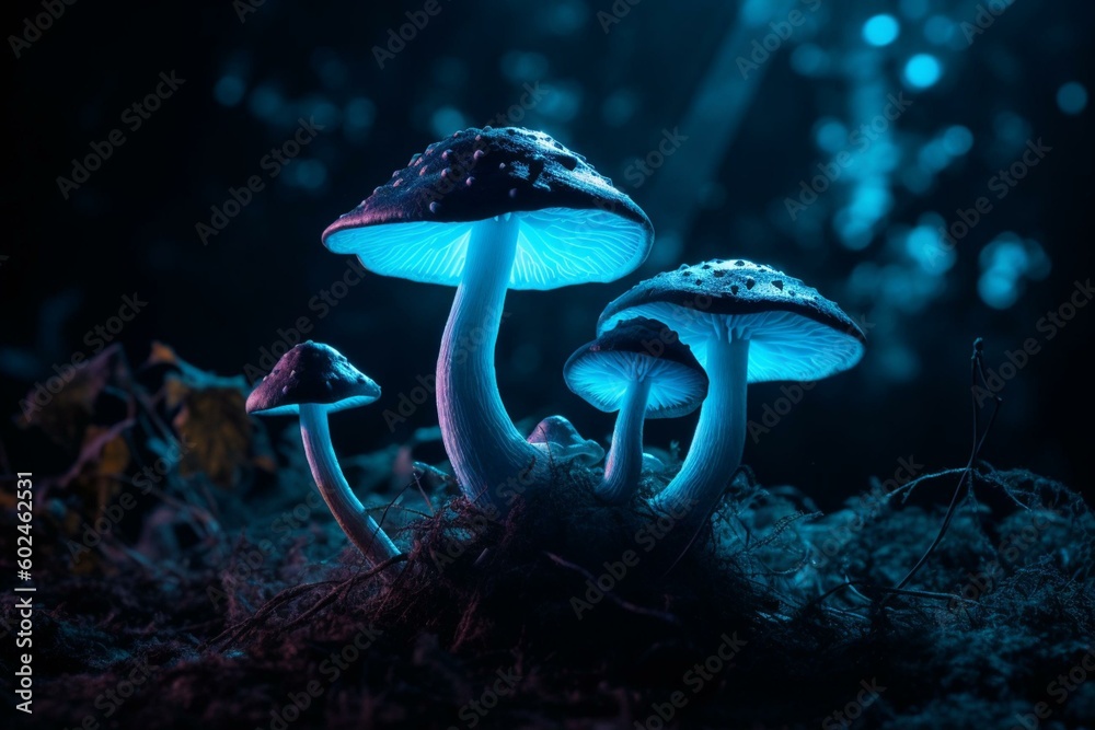 Isolated neon blue mushroom group with hallucinogenic effects ...