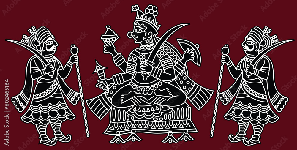 Vetor de Indian goddess Kali. with sevak servants drawn in Pinguli folk ...