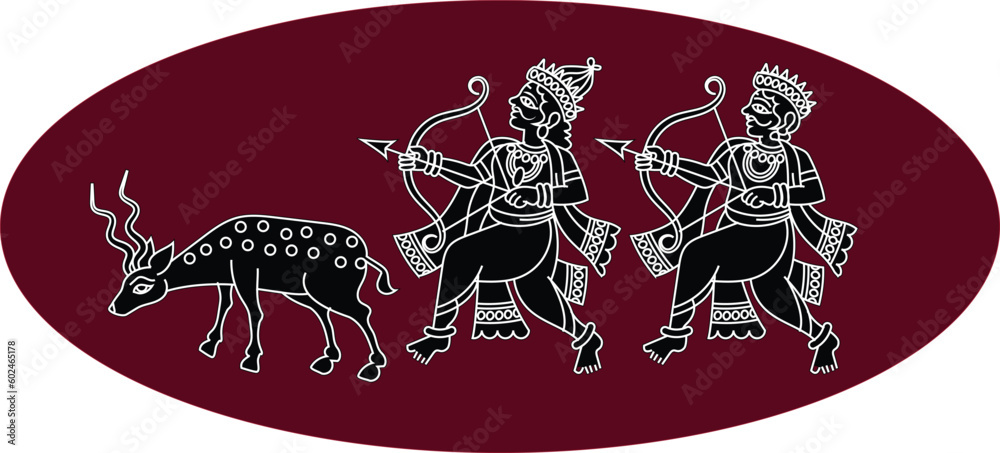 Illustration of Lord Ram and Laxman, golden deer drawn in Pinguli folk ...