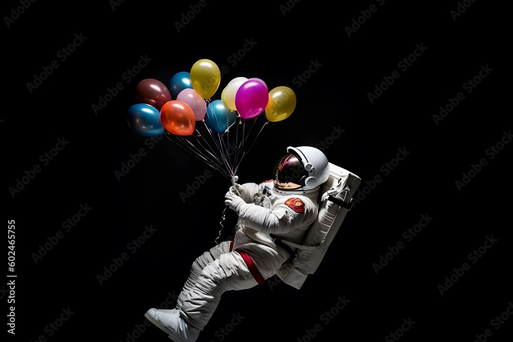 astronaut cartoon floating with balloon planet in space background ...