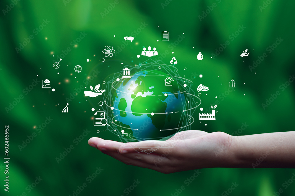 Businesswomen holding world and icon to Organization Sustainable ...