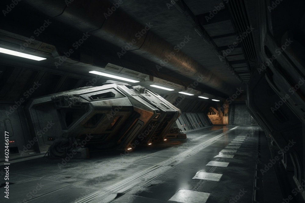 Dark sci-fi spaceship showroom in a concrete underground bunker with a ...
