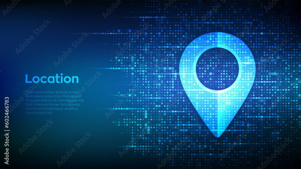Point of location sign made with binary code. Pointer of map. Matrix background with digits 1.0 ...