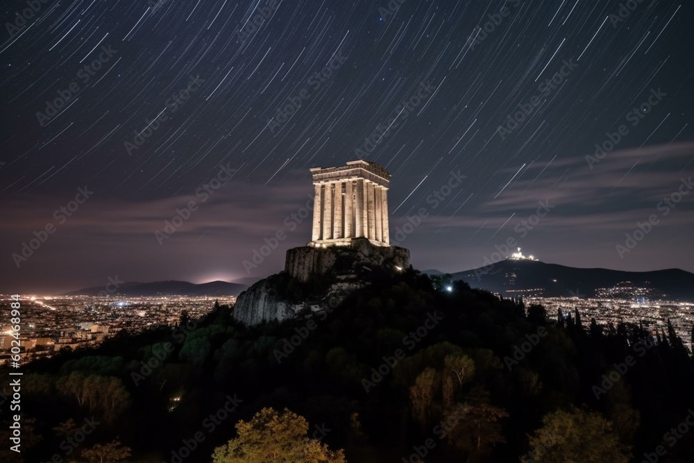 Time lapsing tower of Athens, Greece under a starry night sky ...