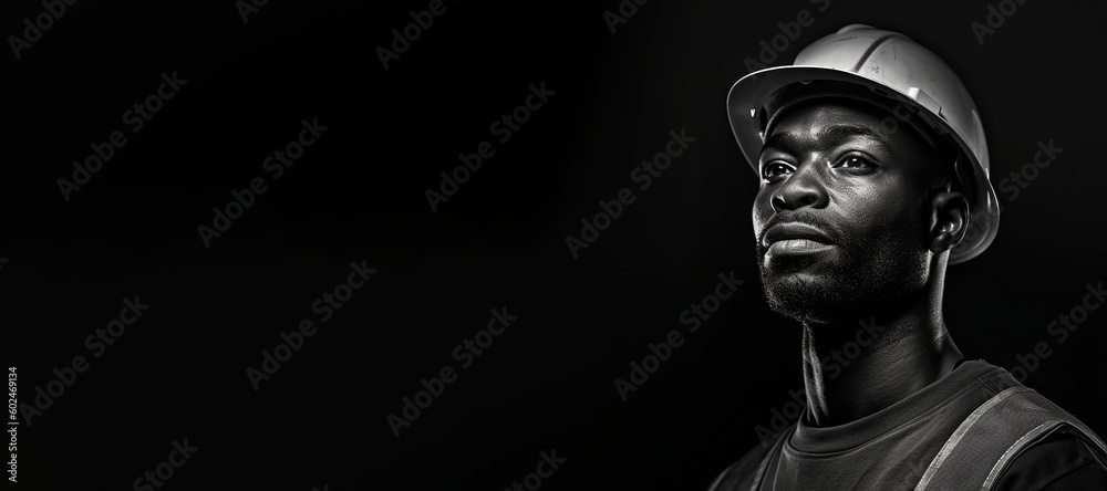 Black and white photorealistic studio portrait of a construction worker ...
