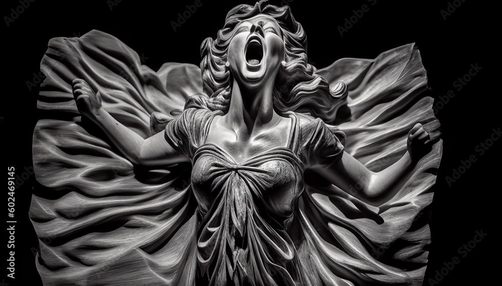 Sculpture of woman screaming white on dark background, expressing ...