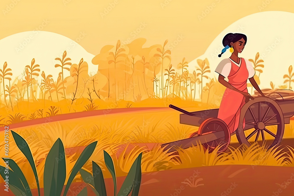 Indian agriculture working. Farmer harvesting in field asia vector ...