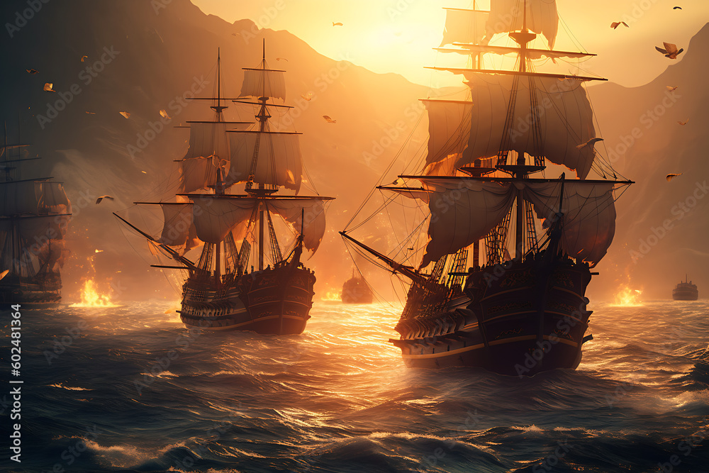 group of galleons on fire on sea in combat with tall mountains in the ...