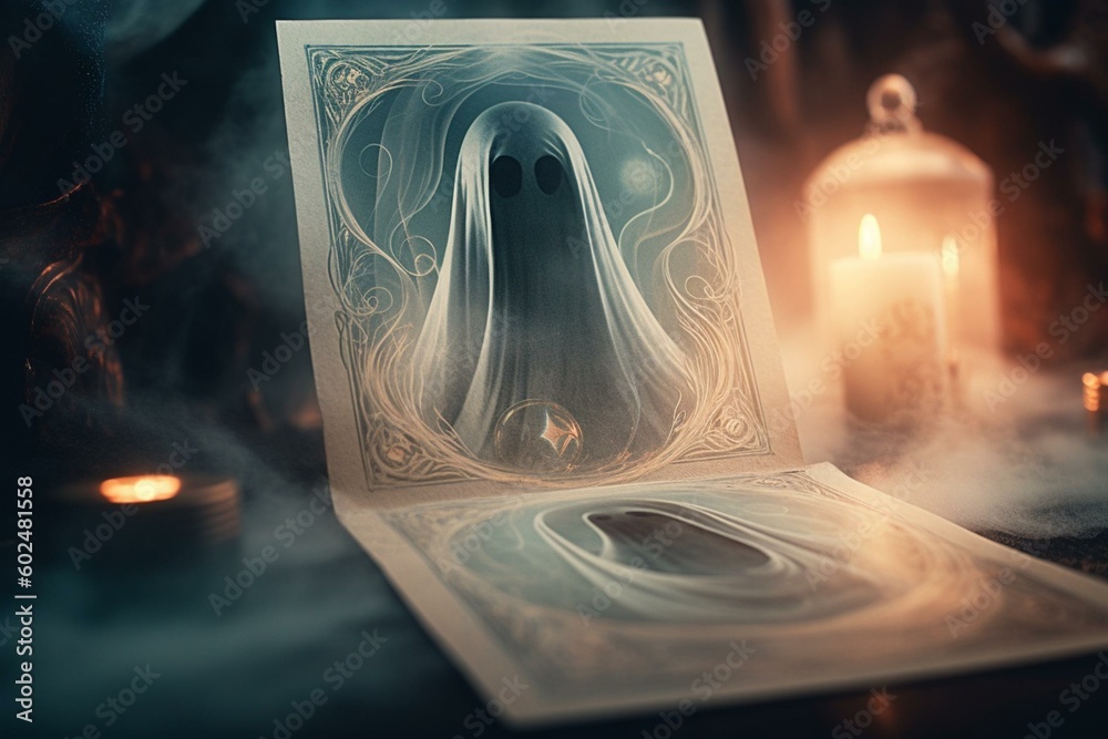Illustration of a ghost in a portal on the cover of an oracle card deck ...