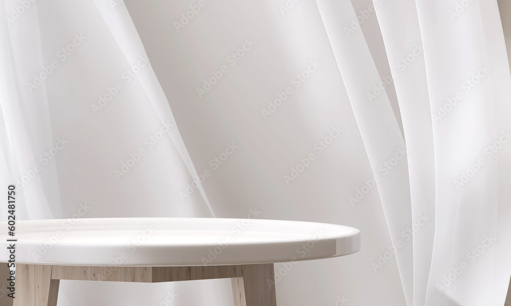 Empty modern glossy white round podium side table, wood leg in soft ...