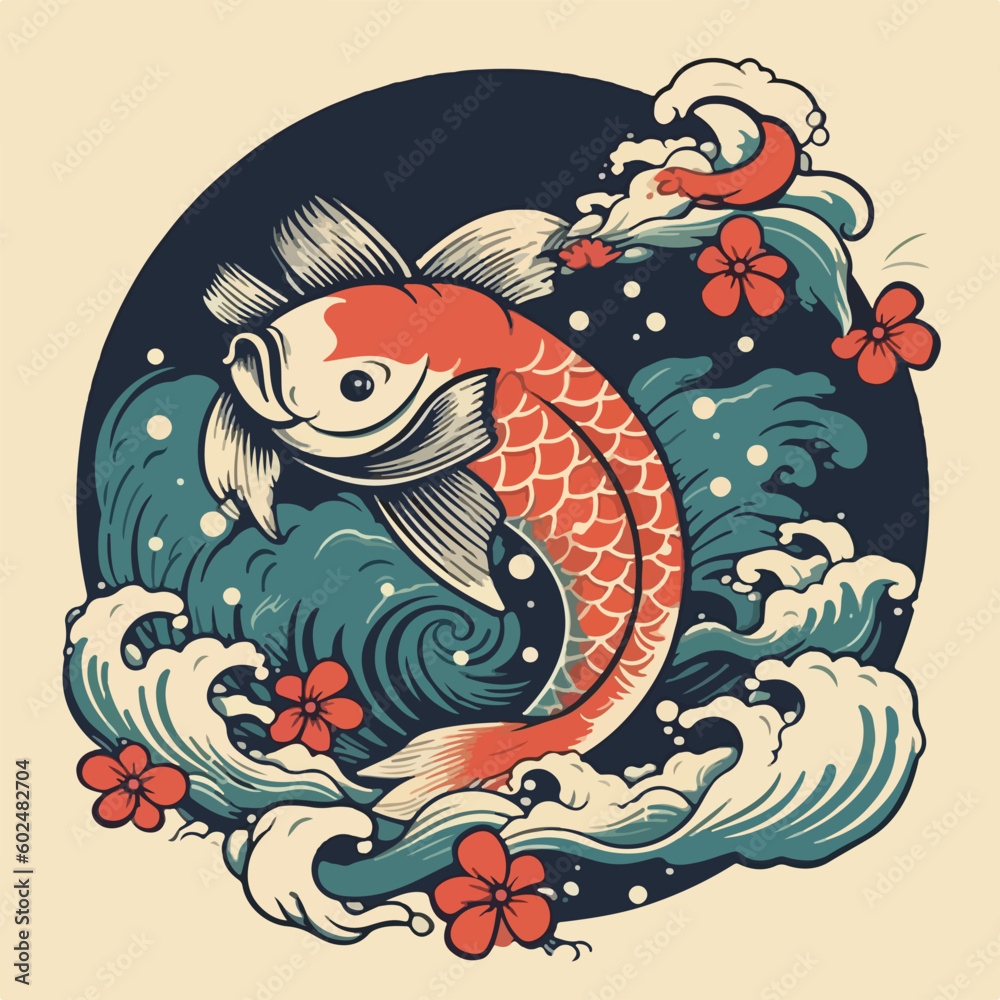 vintage japan koi fish water element traditional japanese ornament logo ...