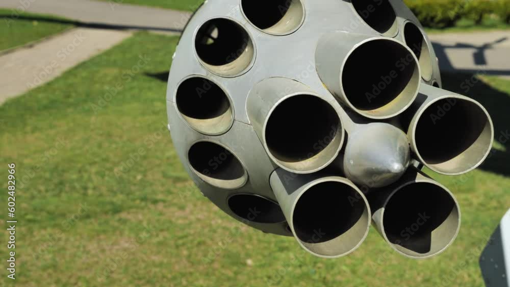 Rocket launcher under the wing of a fighter jet. Weapon pods under the ...