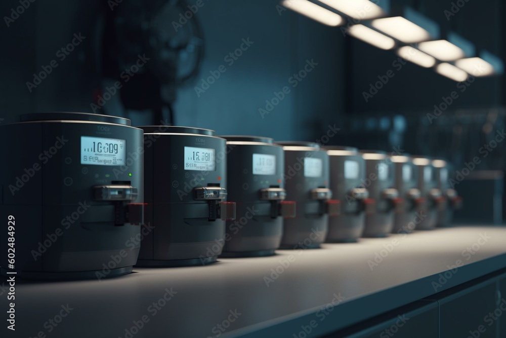 3D illustration of row of smart electric meters that are energy ...