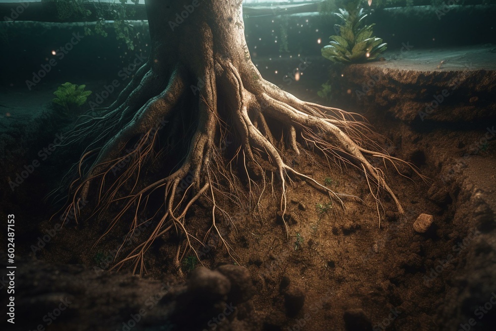 Illustration of tree root system growing underground in soil. Concept ...