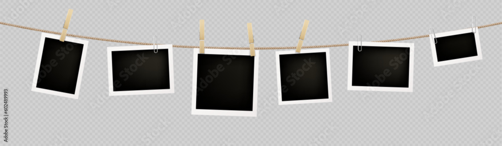 Realistic set of instant photos hanging on rope attached with ...