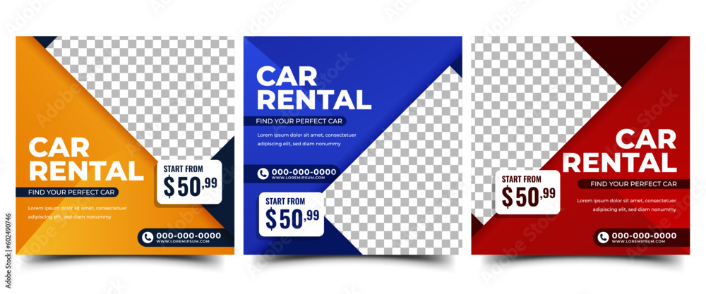 Set of Car rental social media post template design with blue, red, and ...