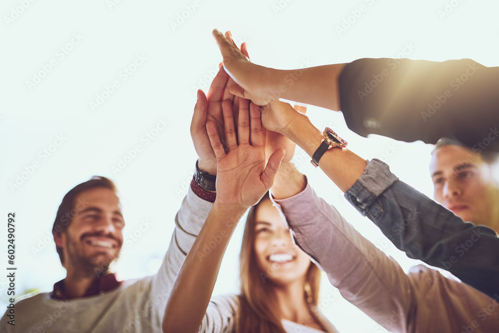 Business people, hands and high five for winning, collaboration or ...