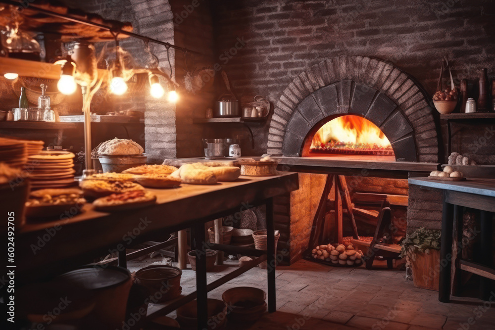 Italian restaurant kitchen interior with traditional wood fired brick ...