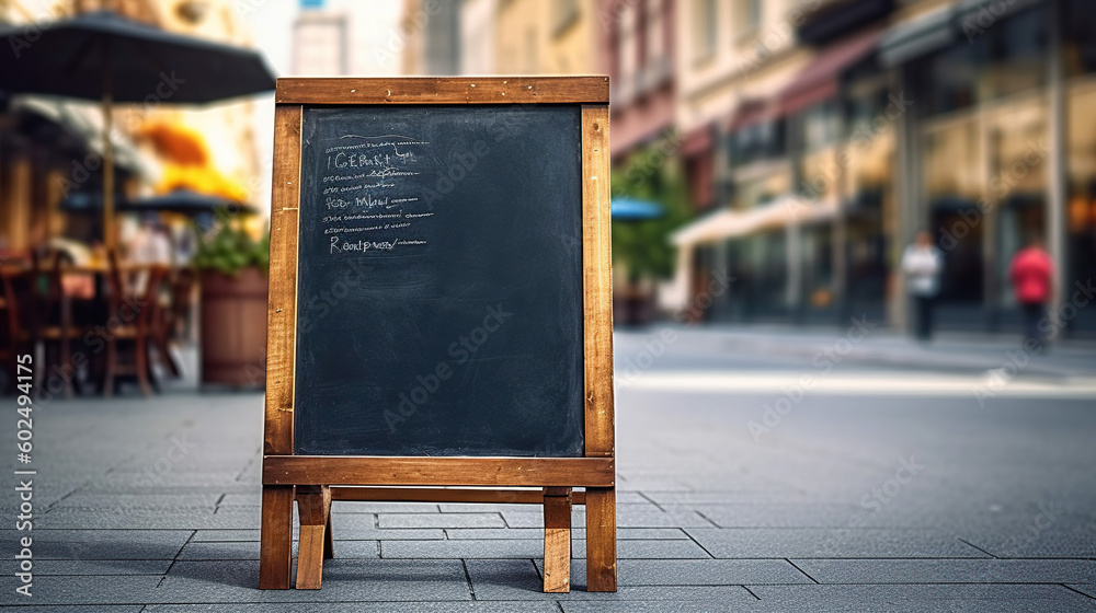 Signboard on the street. Empty menu board stand. Restaurant sidewalk ...