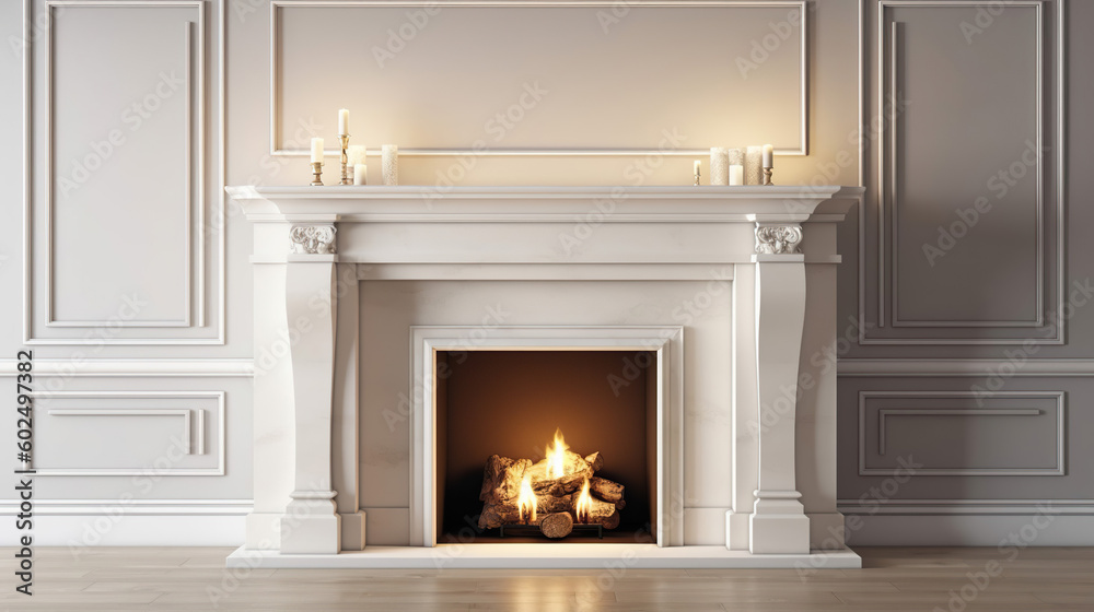 Large traditional fireplace with roaring fire. Empty mantle piece ...