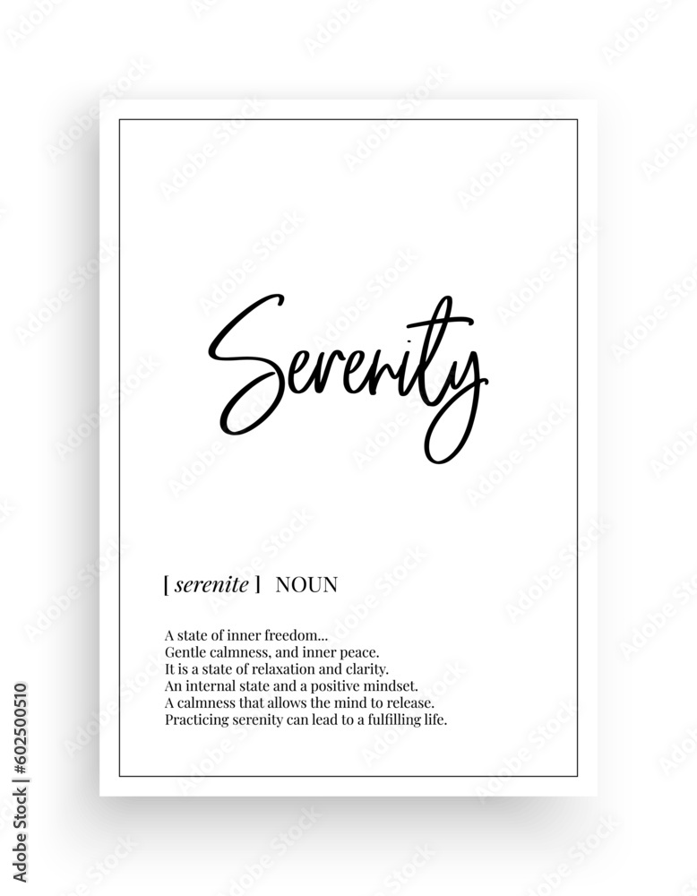 Serenity definition, vector. Minimalist poster design, noun description ...