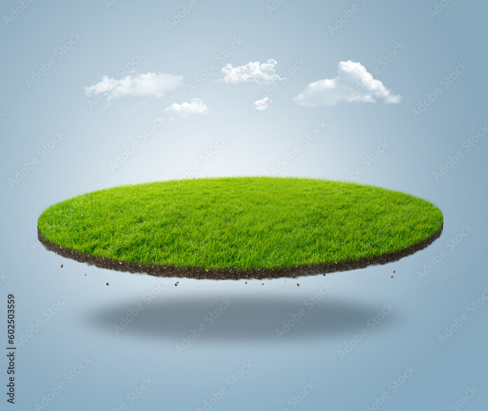Floating slice of land with green grass surface and soil section ...