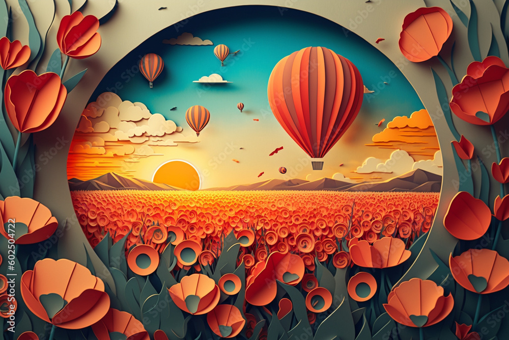 Hot air balloon over poppy field, paper craft art or origami style for ...