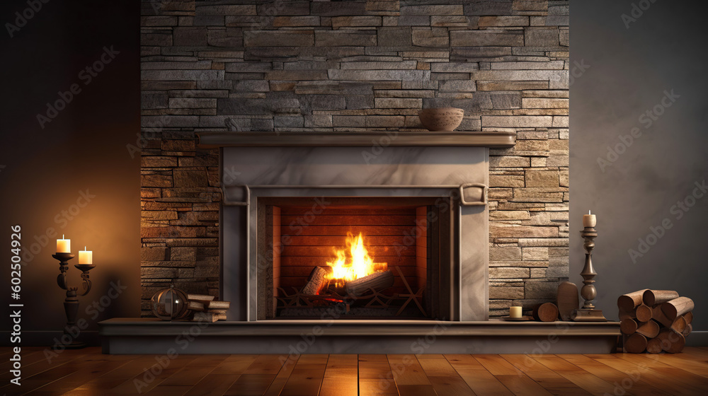 Large traditional fireplace with roaring fire. Empty mantle piece ...