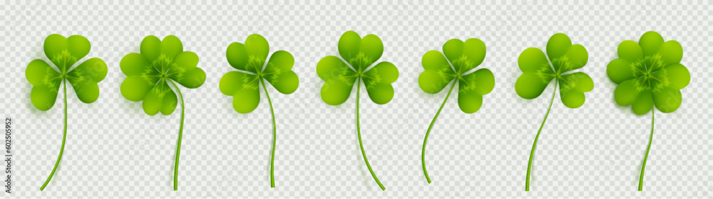 Realistic 3D clover leaves set isolated on transparent background. Vector illustration of green ...