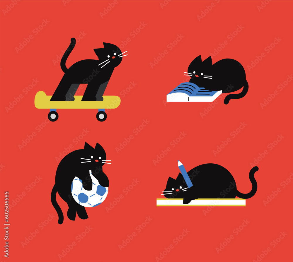 cute cat collection illustration. Cat enjoying various hobbies ...