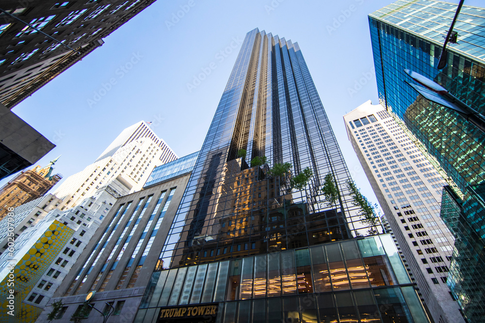 2023-04-20 New York USA Low angle of the gold facade of Trump Tower ...