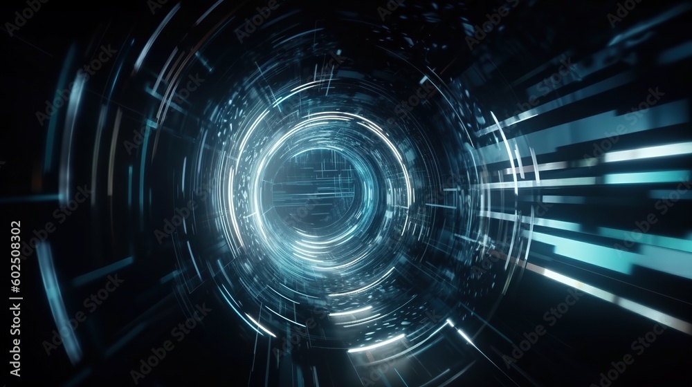 Digital cyberspace glowing tunnel on dark abstract background with copy ...