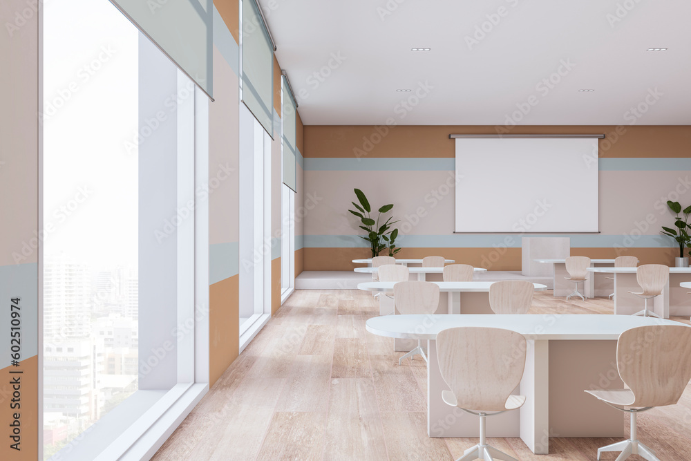 Modern school classroom interior with empty white mock up banner on ...