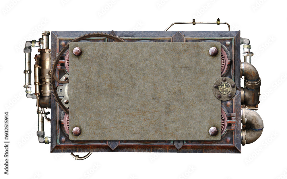 Vintage metallic frame with rivets, pipelines, pipe elbow. Isolated on ...